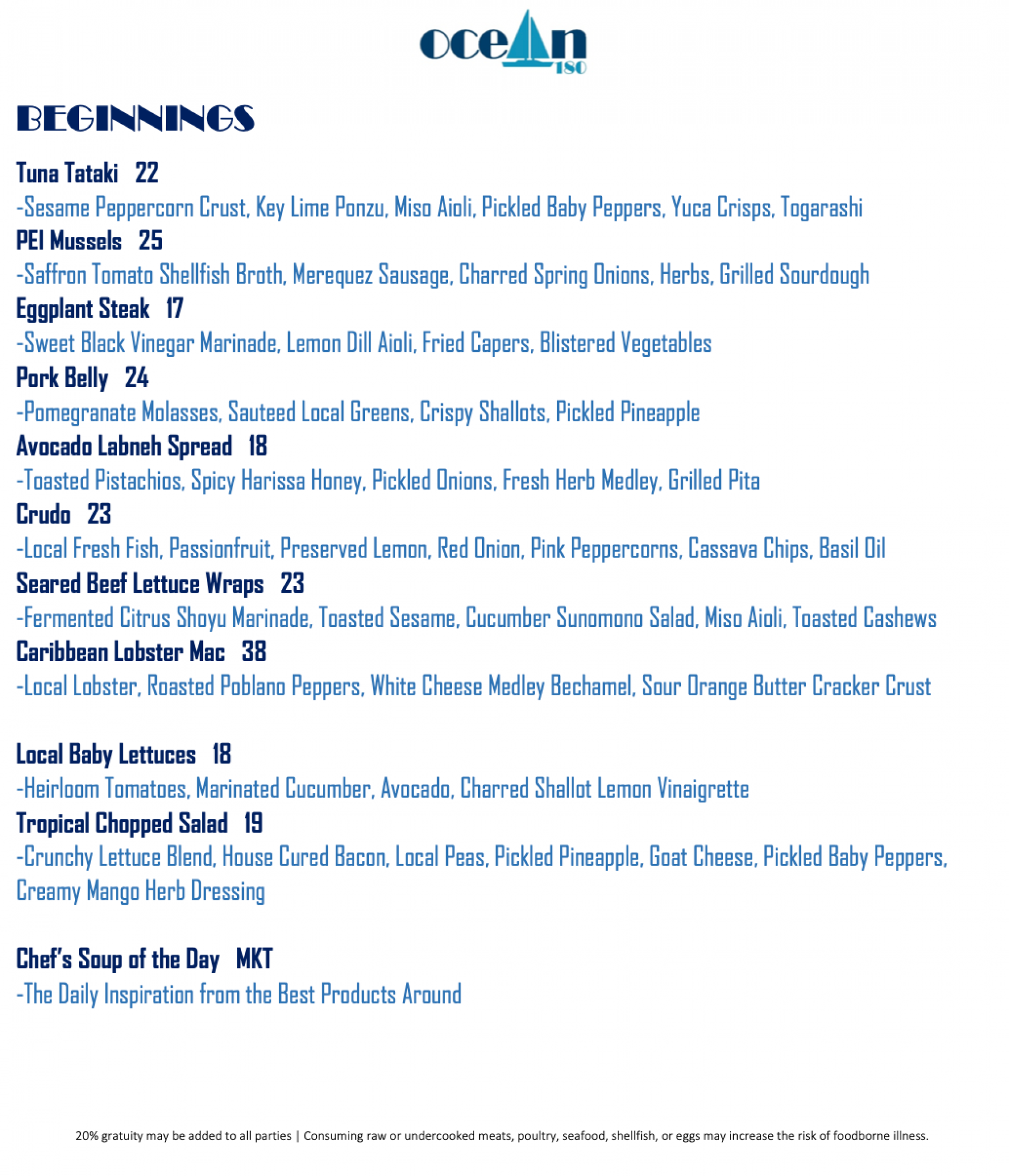 Ocean 180 Dinner Menu | Point Pleasant Resort