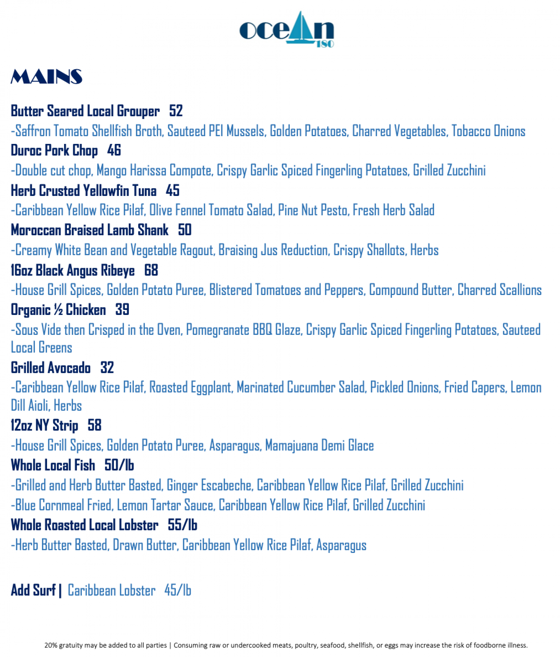Ocean 180 Dinner Menu | Point Pleasant Resort